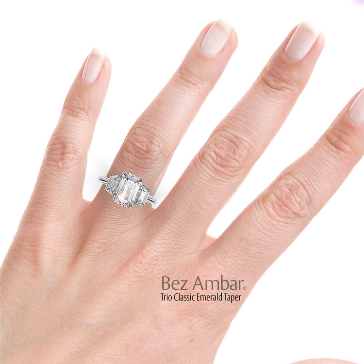 Three Stone Diamond Engagement Ring Emerald / Trapezoids